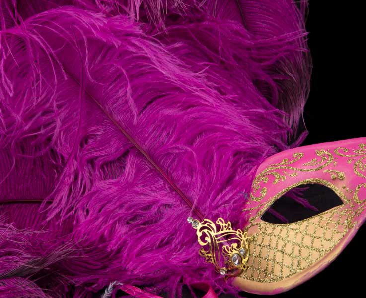 Masque de Venise Colombine Plumes autruche rose doré en Papier mâché