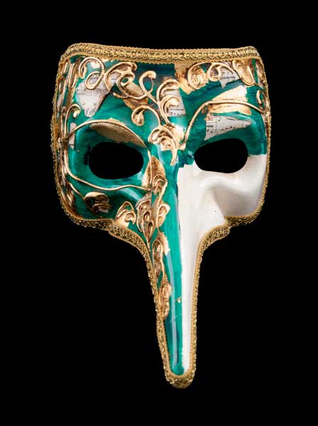 Masque de Venise Nasone long nez vert et dore -Masque de Gala, Bal ...